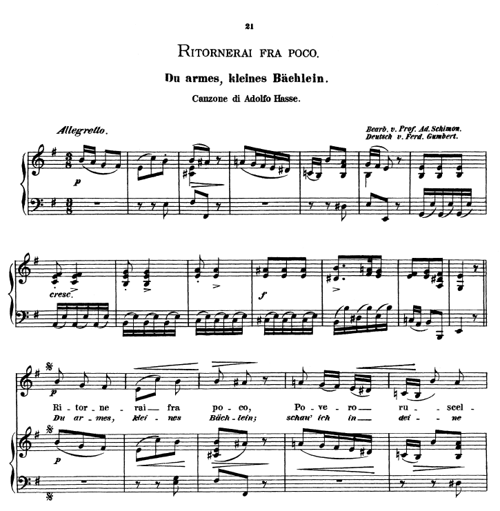 Ritornerai fra poco, Medium Voice in E Minor, A Hasse. Caecilia, Ed ...
