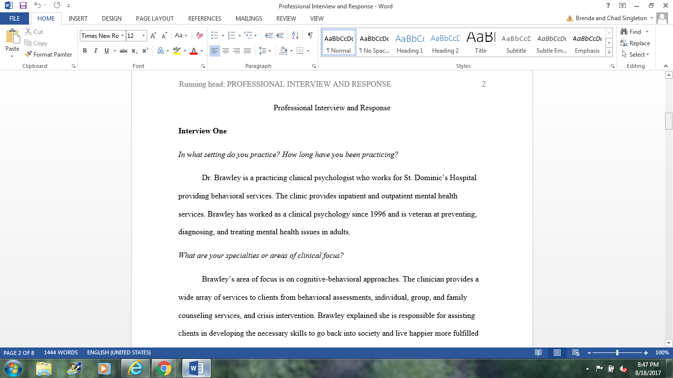 Professional Interview and Response | Documents and Forms | Research Papers