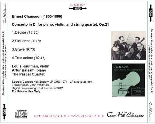 Chausson: Concerto in D, for piano, violin, and string quartet, Op.21 ...
