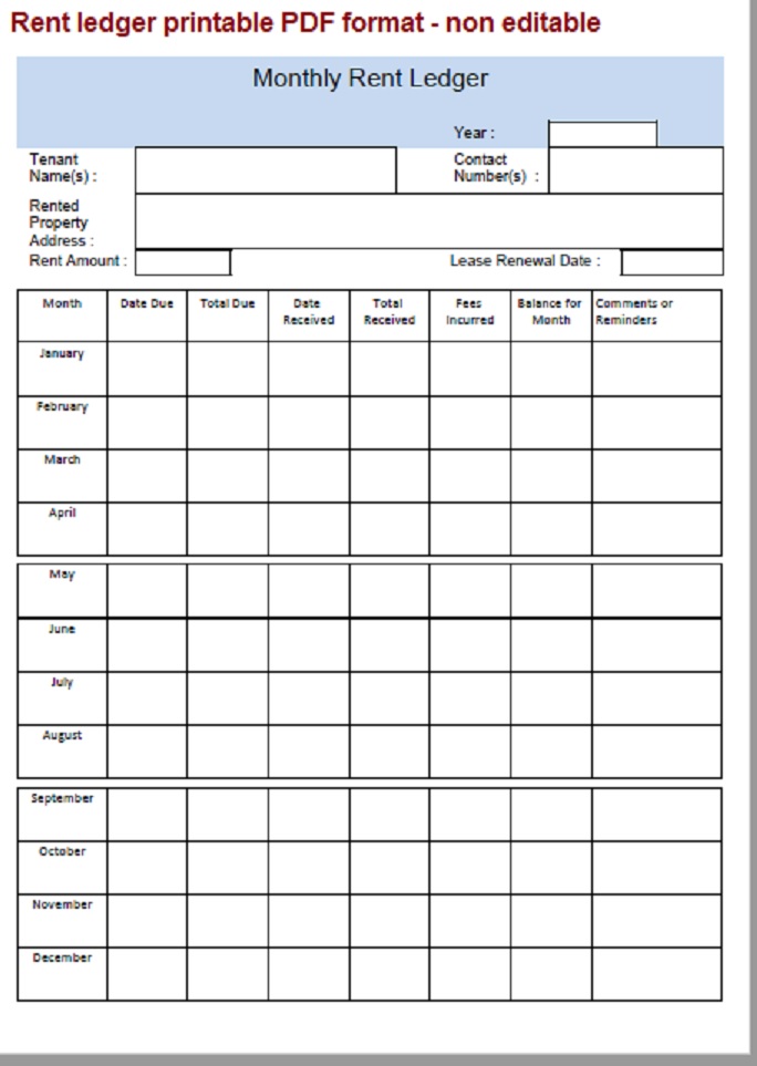 Rent Ledger Printable PDF Form - non editable | Documents and Forms