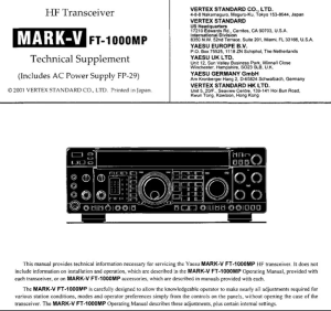 Yaesu Ft-1000mp Mark V 200w Operating/Service Manual Tech Supplement ...