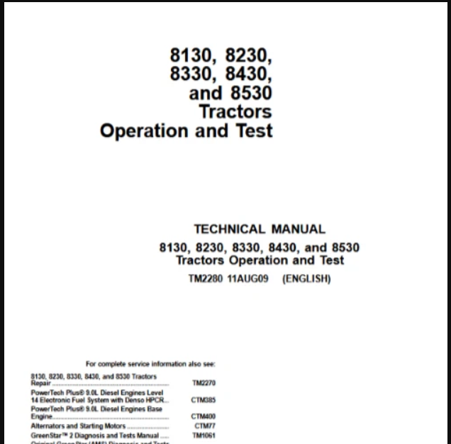 John Deere 8130 8230 8330 8430 8530 Operation and Test Manual TM2280 ...