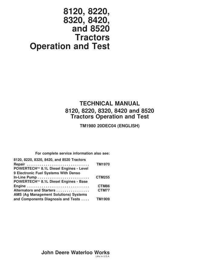 John Deere 8120 8220 8320 8420 8520 Operation and Test Manual TM1980 ...