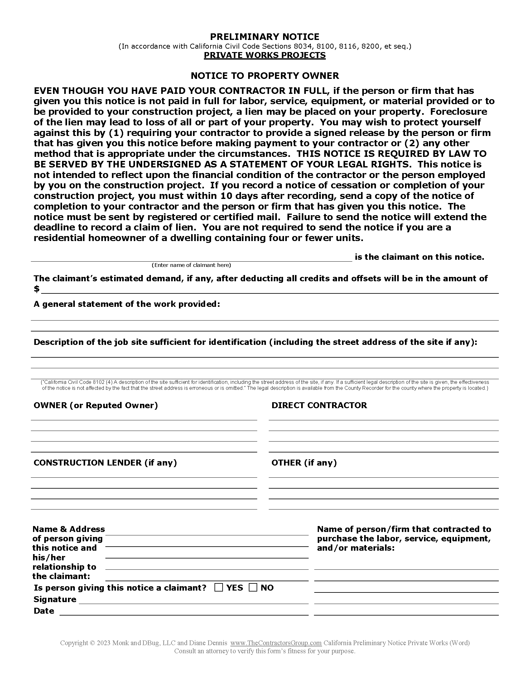 California 20-Day Preliminary Notice forms Private Works | Documents ...