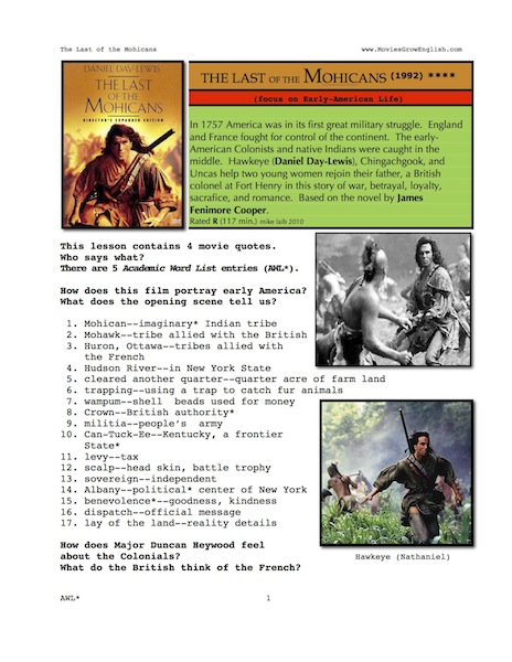 LAST OF THE MOHICANS, Whole-Movie English (ESL) Lesson | eBooks | Education